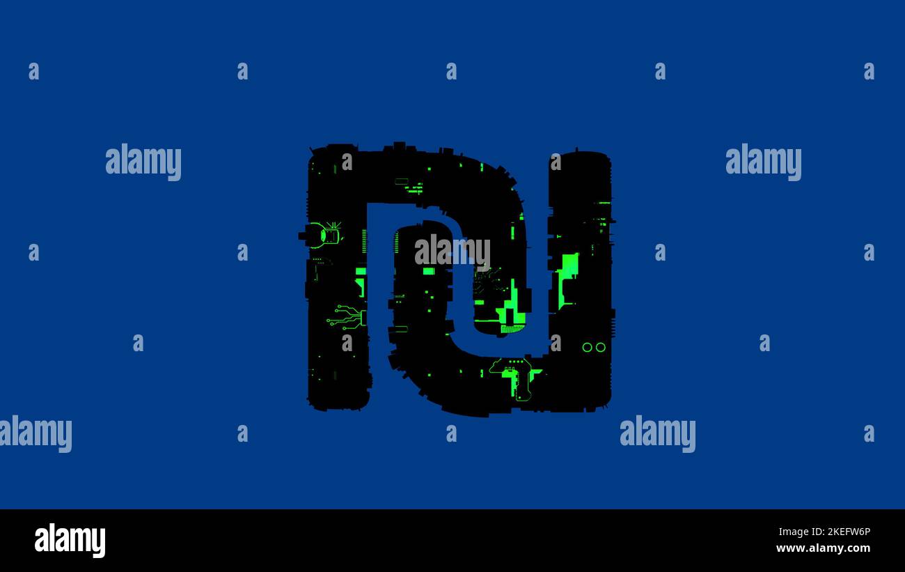 shekel sign - hi-tech cyber punk black and green font on blue, isolated ...