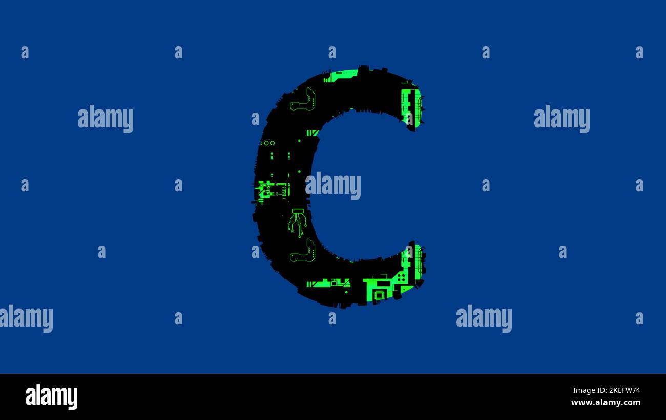 letter C - hi-tech cyber punk black and green font on blue, isolated ...