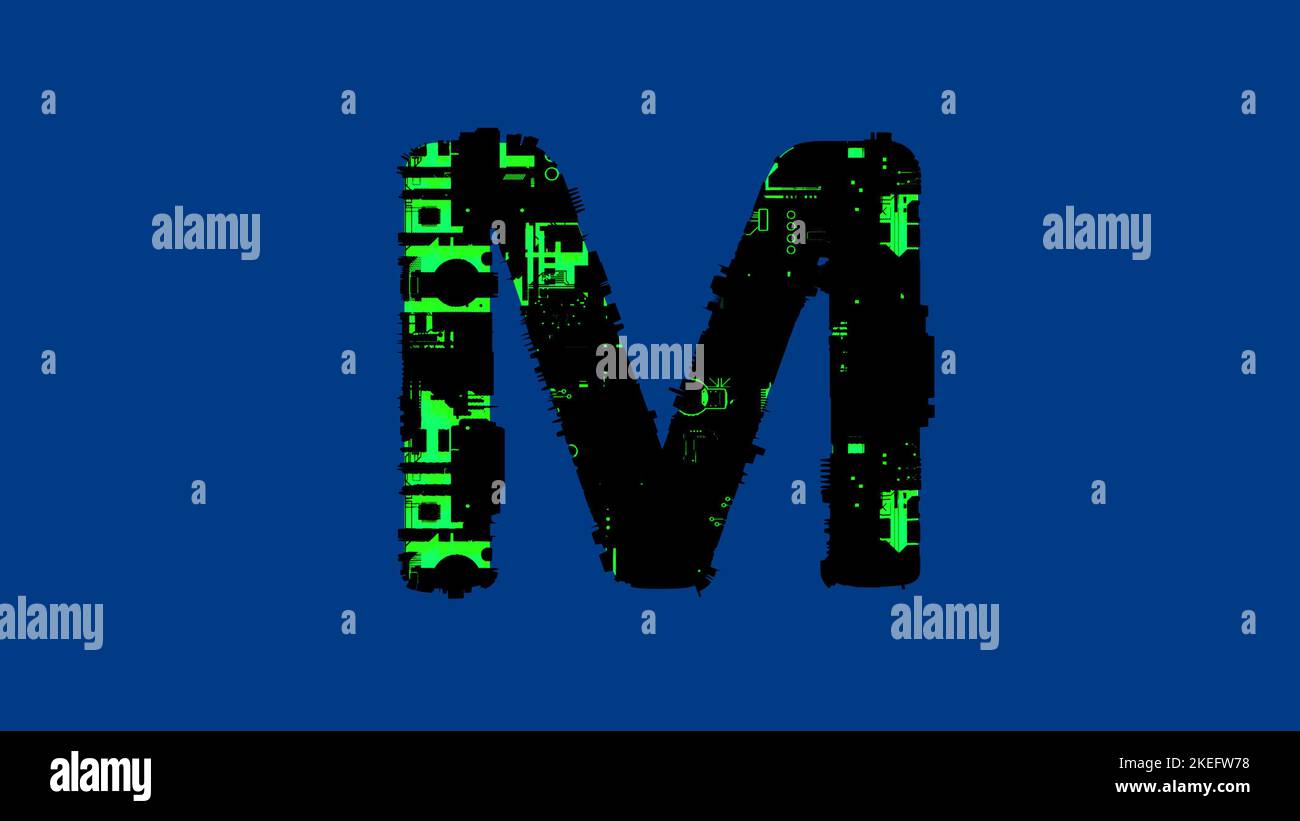 letter M - hi-tech cyberpunk black and green font on blue, isolated ...