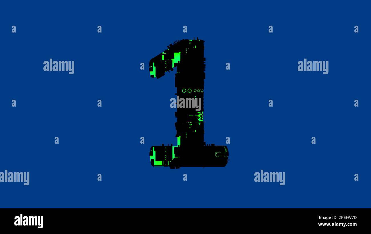 number 1 - hi-tech cyber punk black and green font on blue, isolated ...