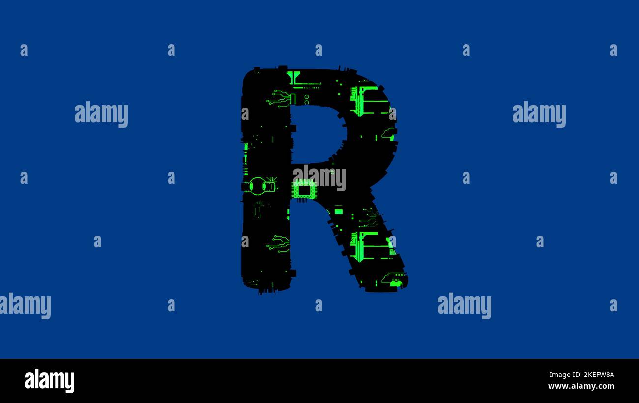 letter R - high tech cyberpunk black and green alphabet on blue ...