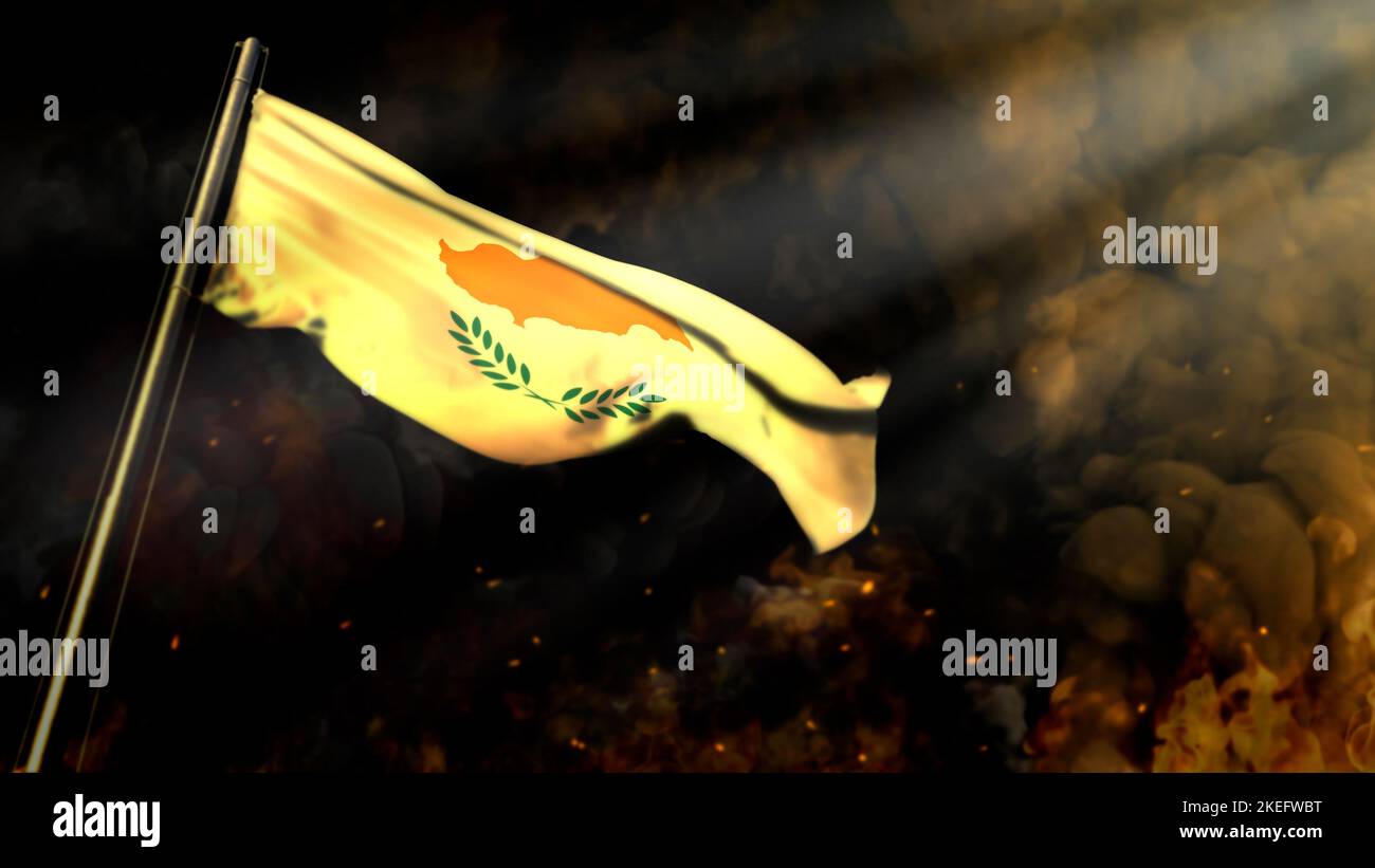 soft focus Cyprus flag on smoke with sun rays bg - problems concept ...