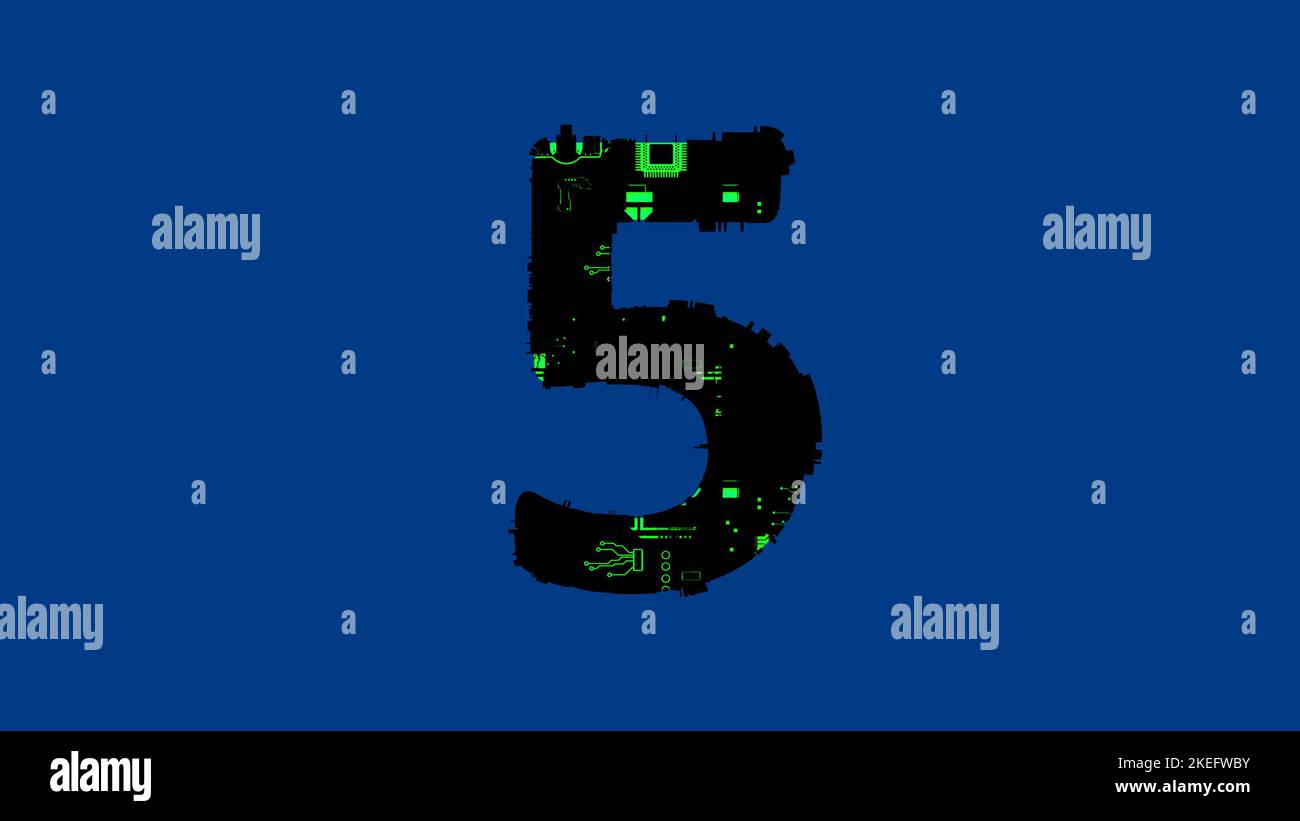 number 5 - high tech cyber punk black and green alphabet on blue ...