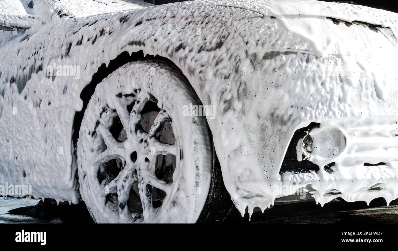 Washing luxury car on a touchless car wash. Washing sedan car with foam ...