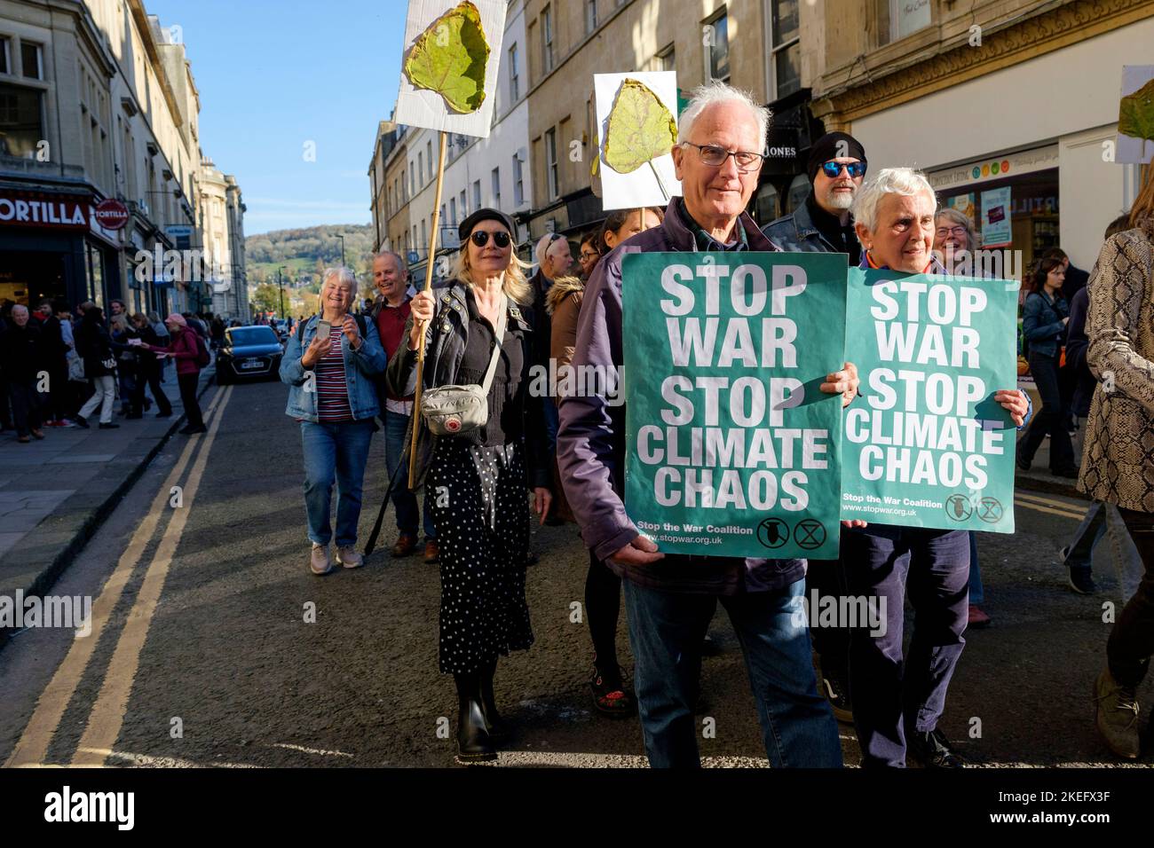 Bath, UK. 12th Nov, 2022. Protesters carrying climate change placards ...