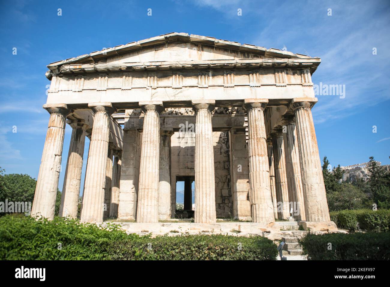 Temple of Hephaestus in Athens, Greece. Sunny view of Ancient Greek ruins in the Athens center ...