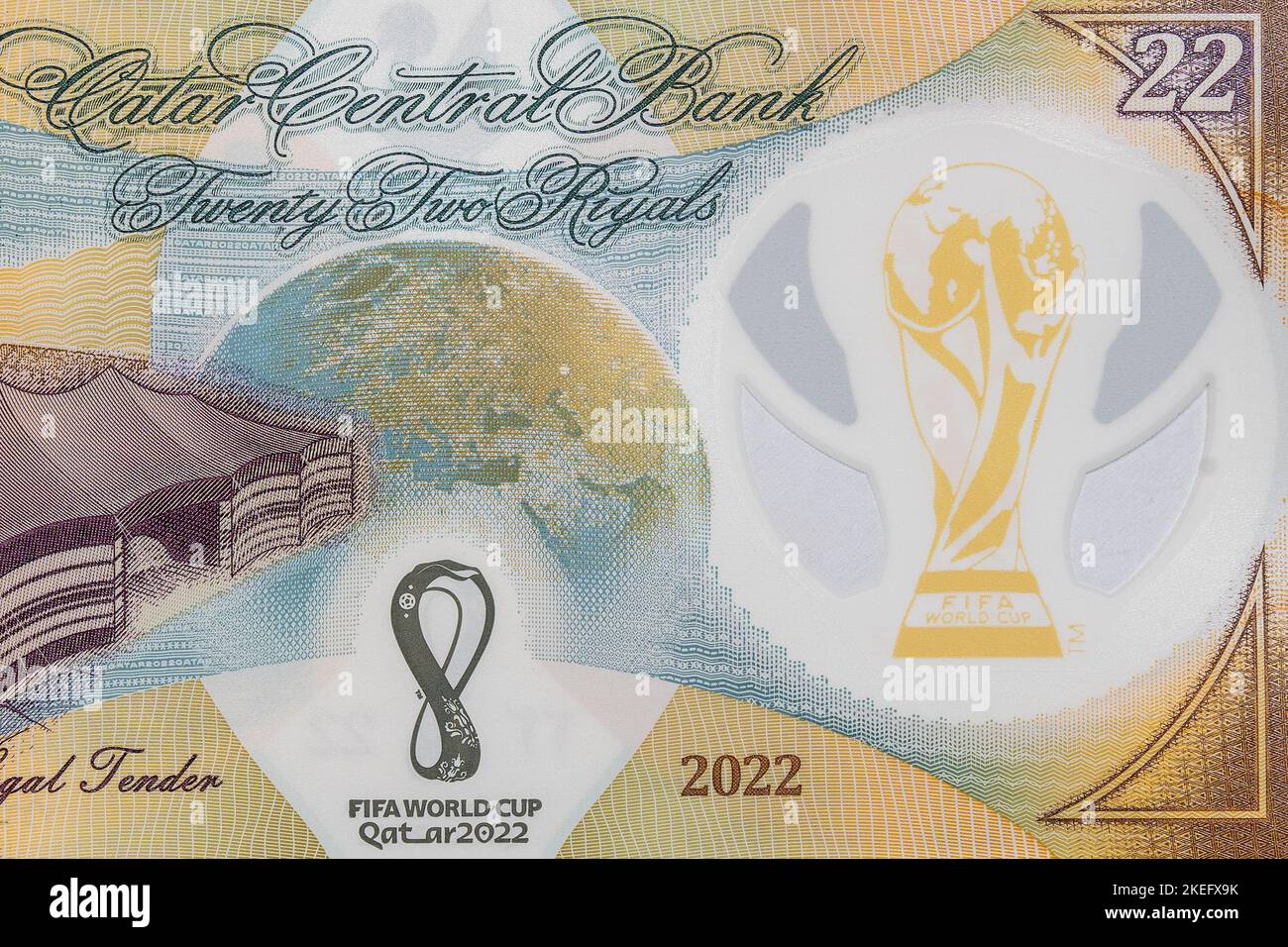 Close up on new Qatar 22 Riyals banknotes to commemorate the FIFA World ...