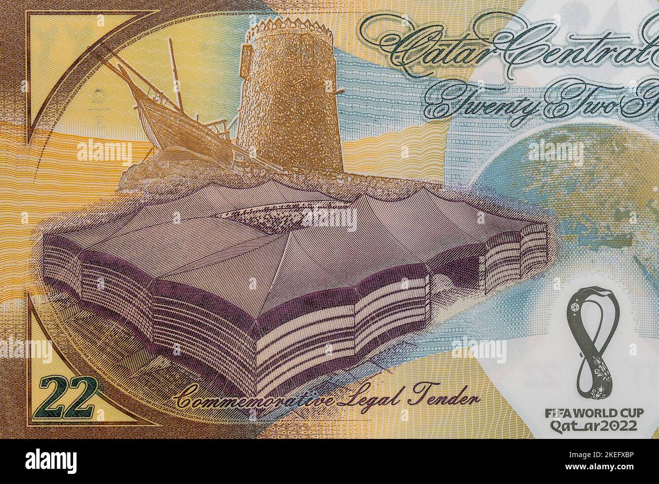 Close up on new Qatar 22 Riyals banknotes to commemorate the FIFA World ...