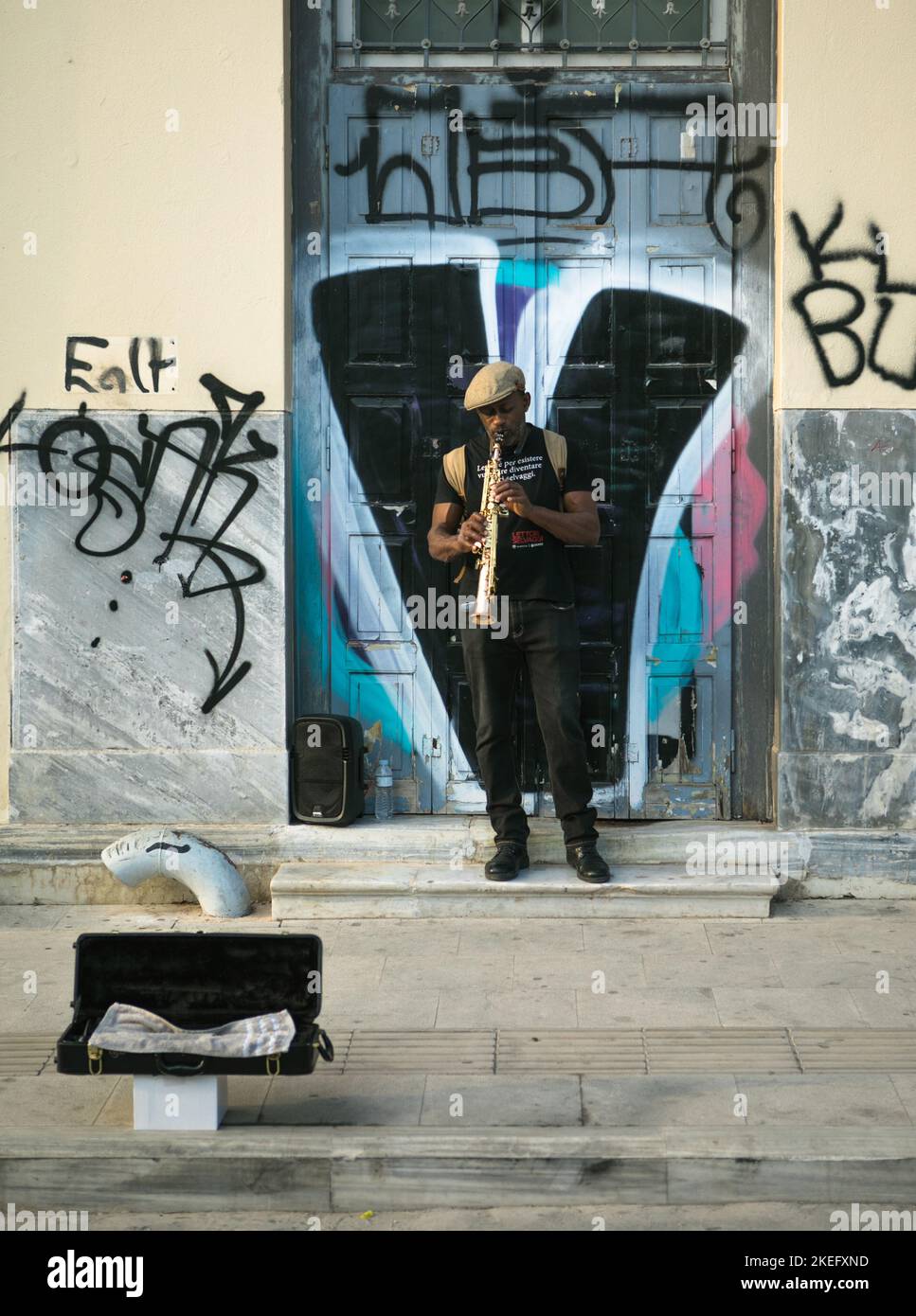 ATHENS, GREECE - MAY, 2022: African american man playing saxophone ...