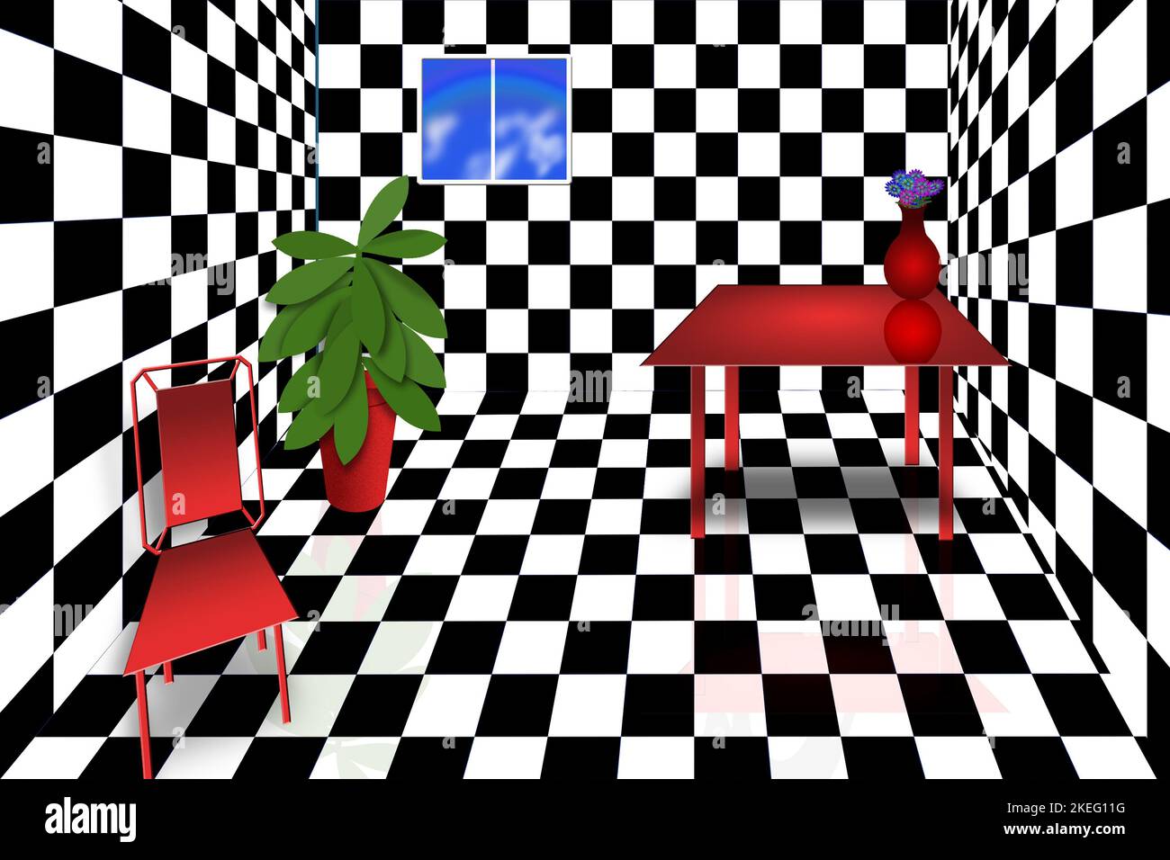 Surreal room with checkered walls. 3D rendering Stock Photo - Alamy