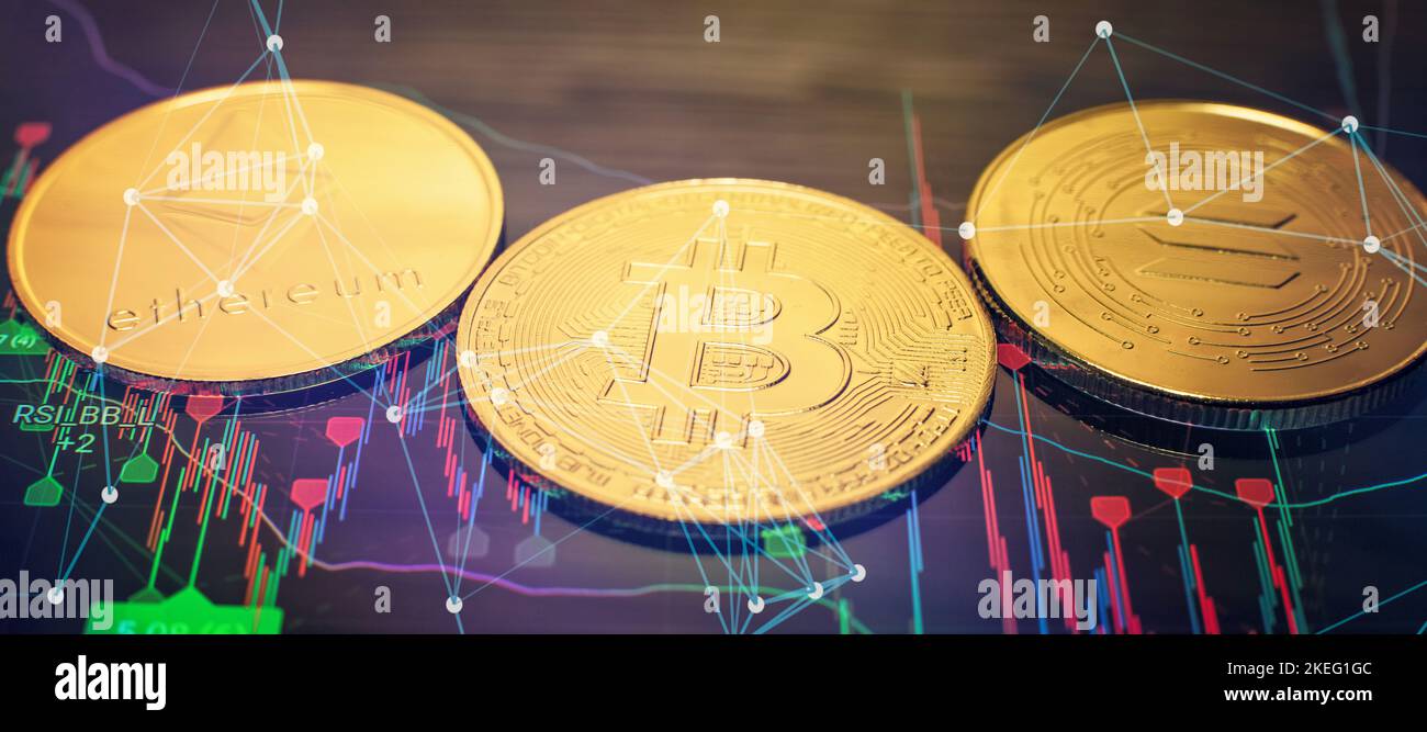 Candle stick graph chart and digital background.Golden coin with icon ...