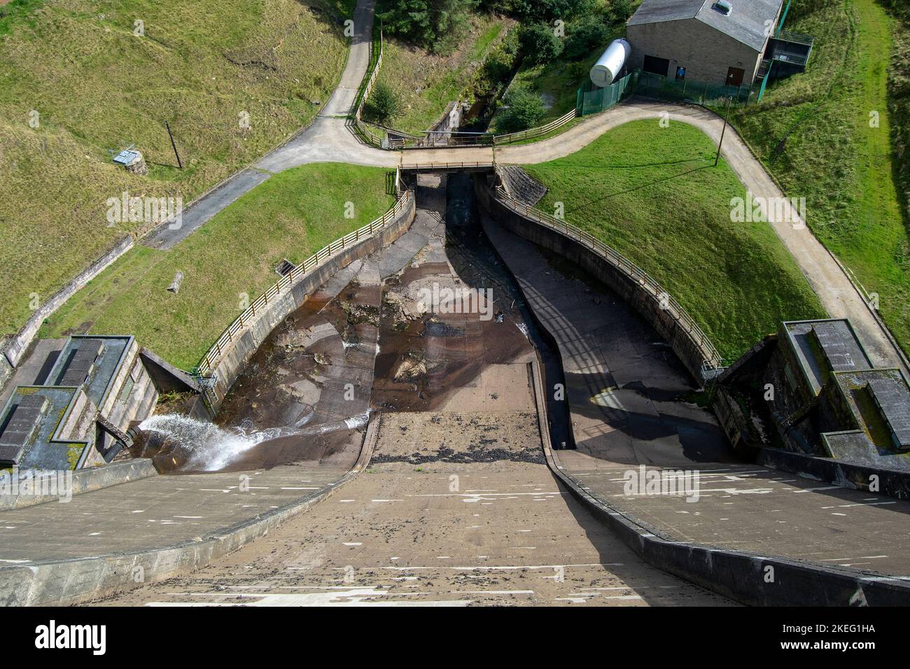 Water slipway looking down from Baitings Reservoir Stock Photo - Alamy
