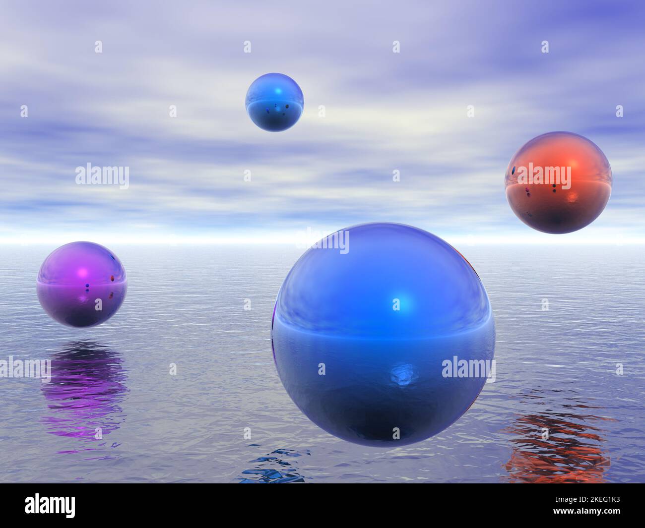 Surreal spheres over water. 3D rendering Stock Photo - Alamy
