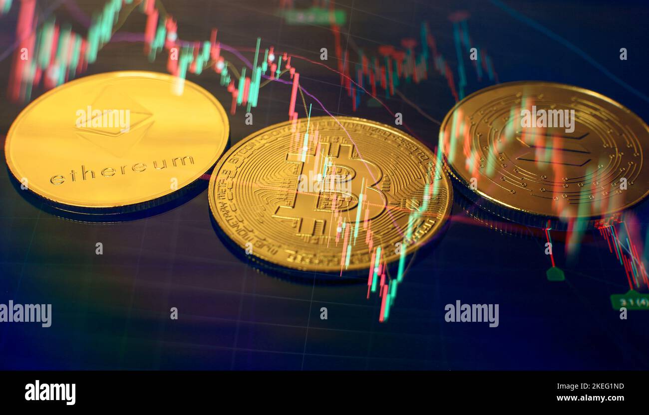 Candle stick graph chart and digital background.Golden coin with icon ...