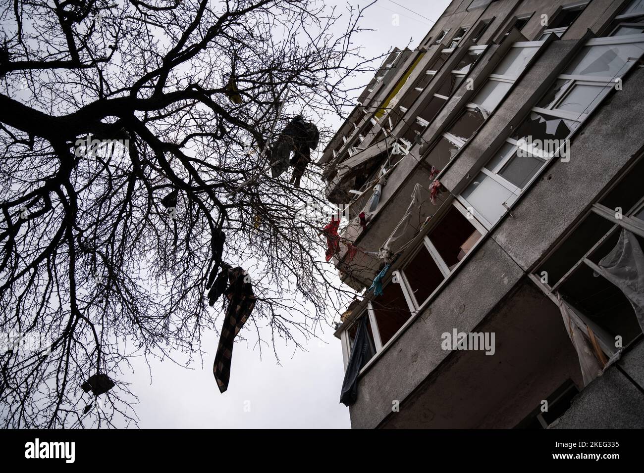 Borodyanka, Kyiv region 11.12.2022 The work of the mural of Banksy on ...