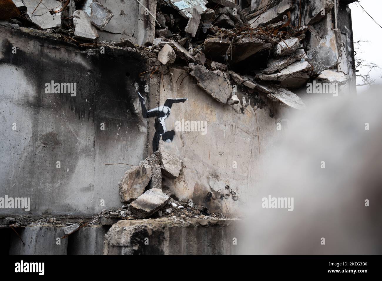 Borodyanka, Kyiv region 11.12.2022 The work of the mural of Banksy on ...