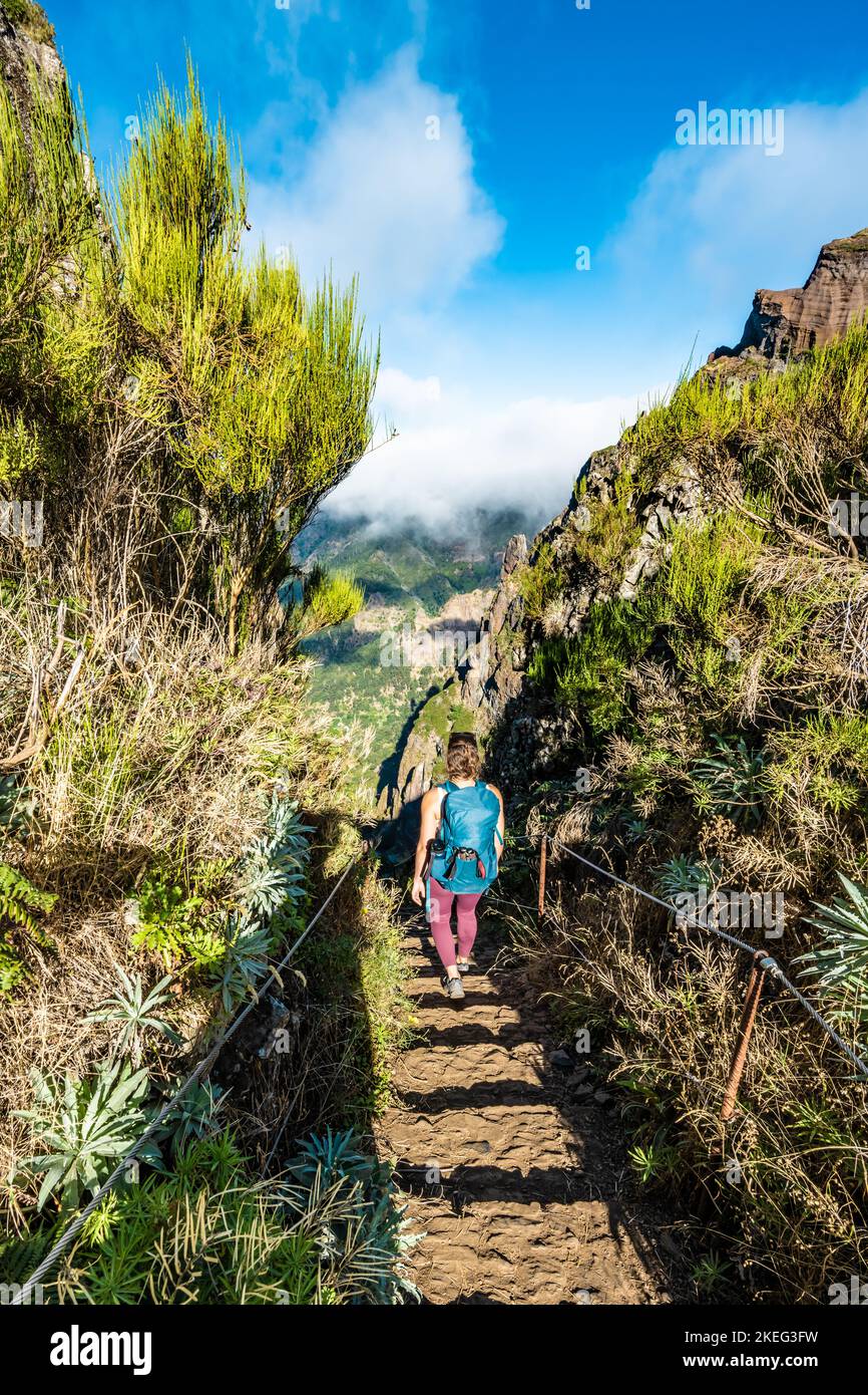 Description: Woman with backpack hiking down steep stairs along scenic hike trail to Pico Ruivo ...