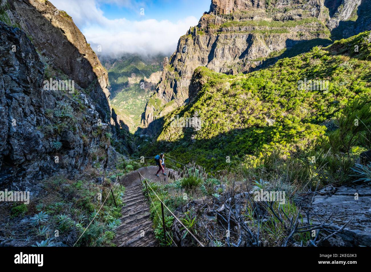 Description: Woman with backpack hiking down stairs along scenic hike ...