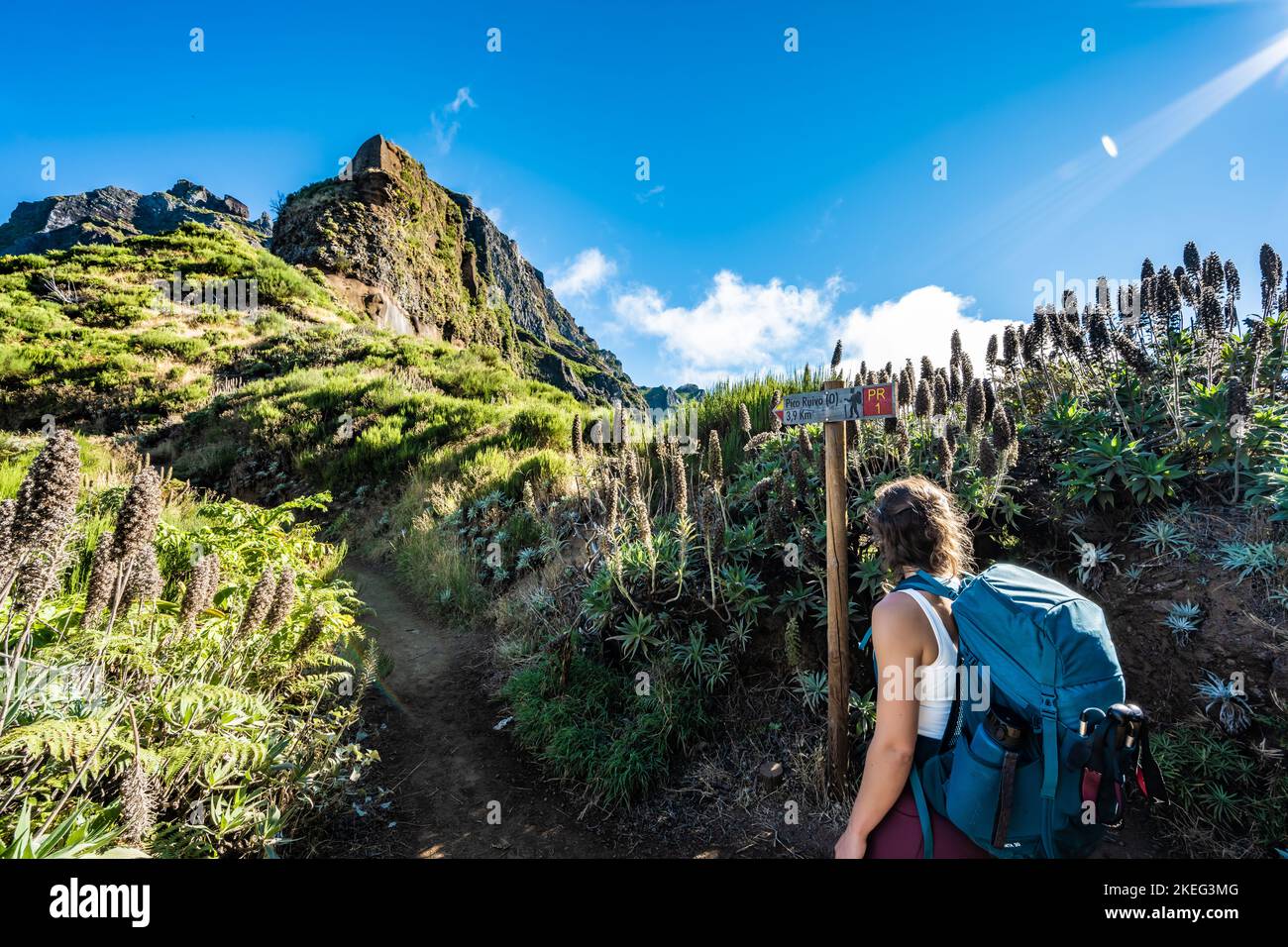 Description: Woman with backpack reading trail signs along scenic ...