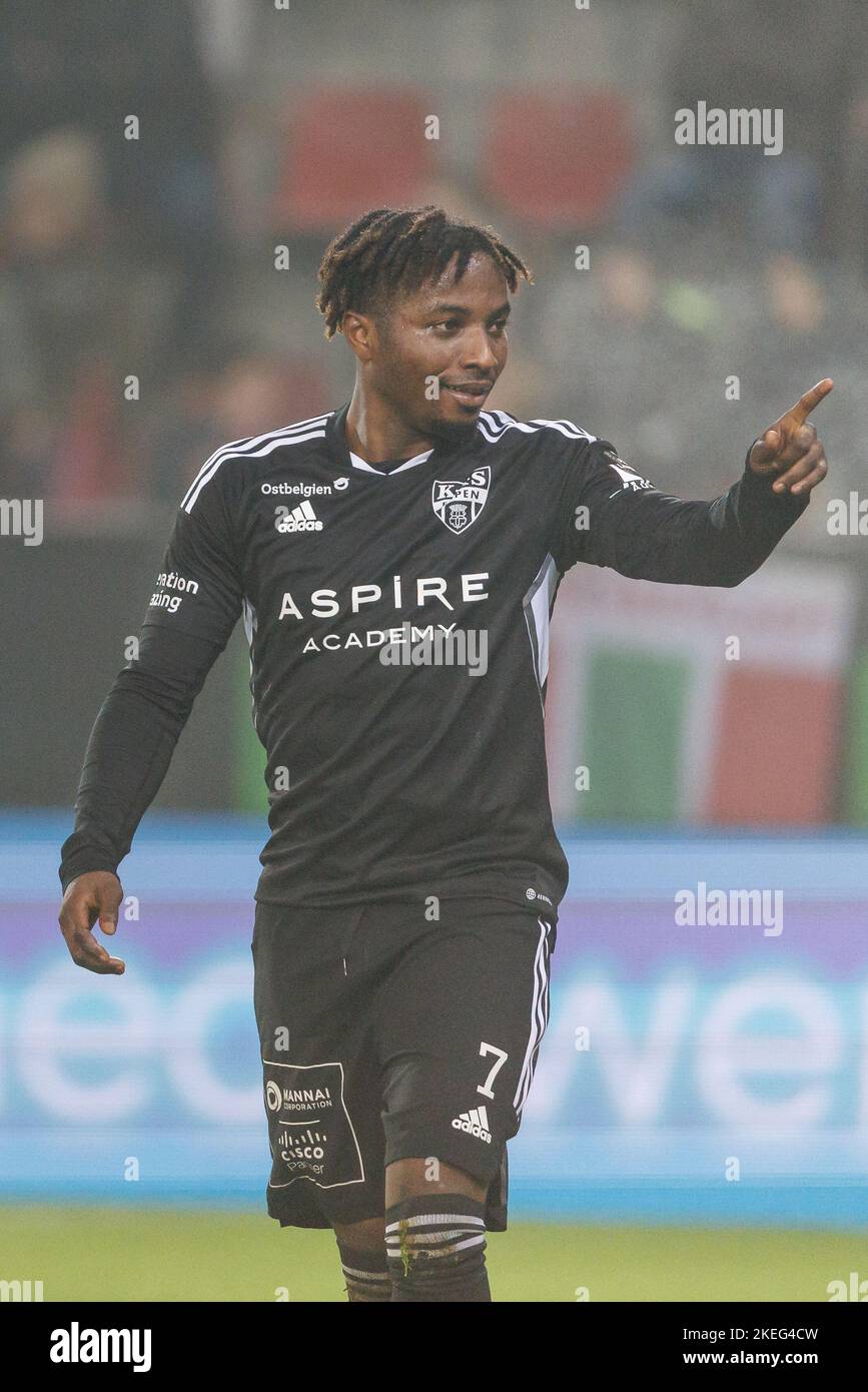 Eupen's Isaac Nuhu celebrates after scoring during a soccer match ...