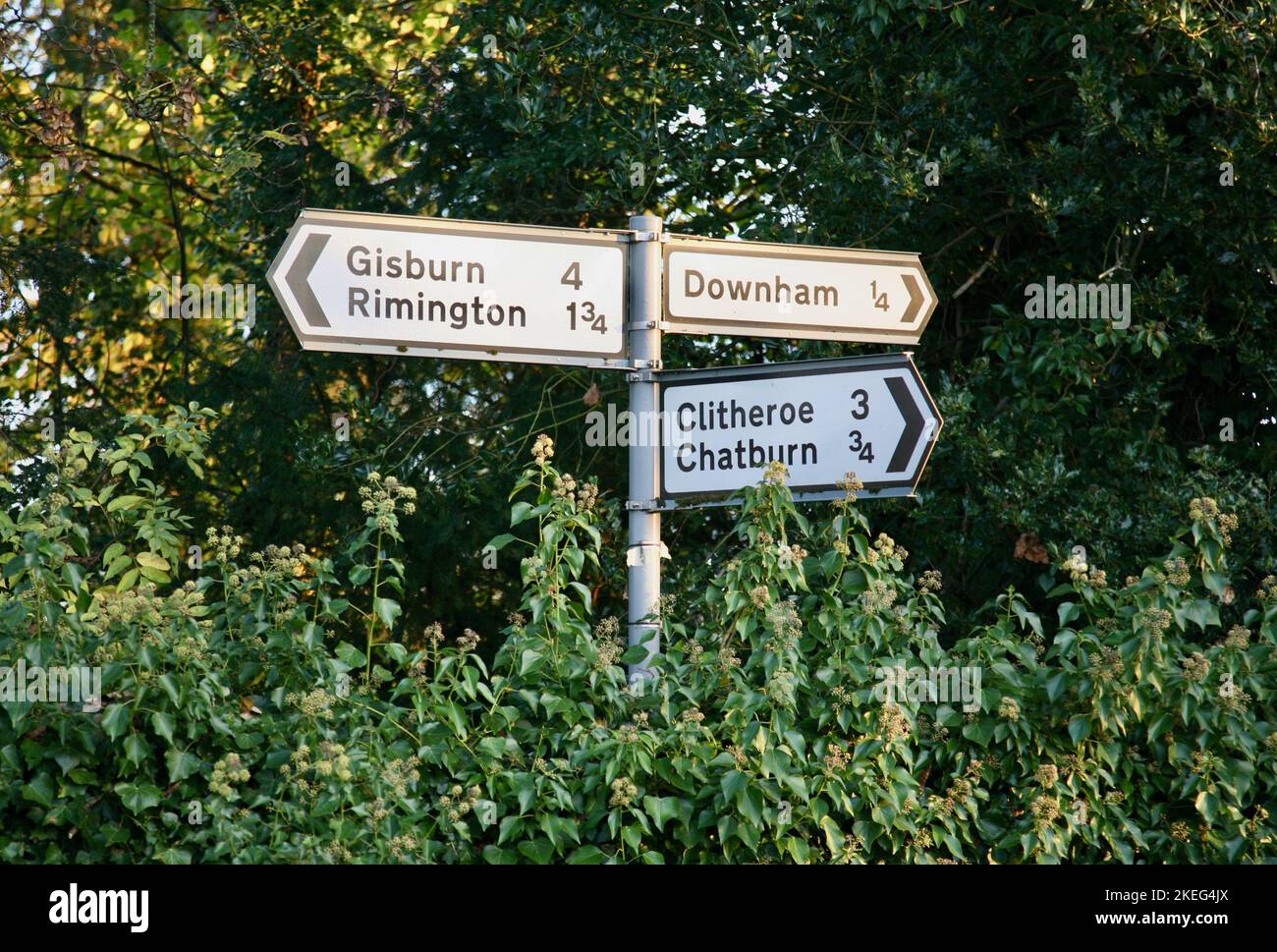 An old road sign on the edge of the village, Downham, Clitheroe ...