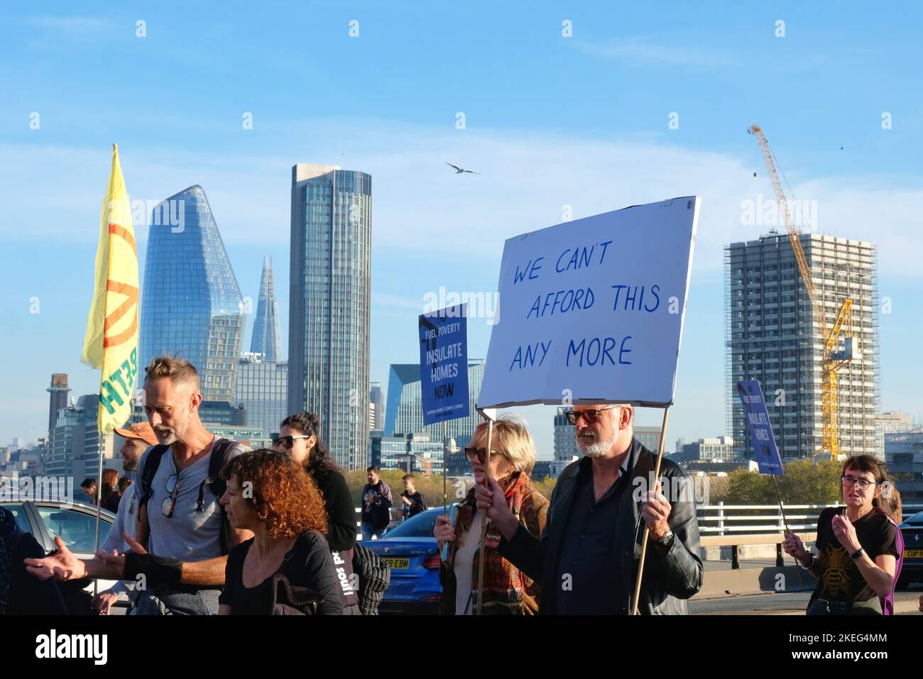 London, UK. 12th November, 2022. Protesters march across Waterloo ...