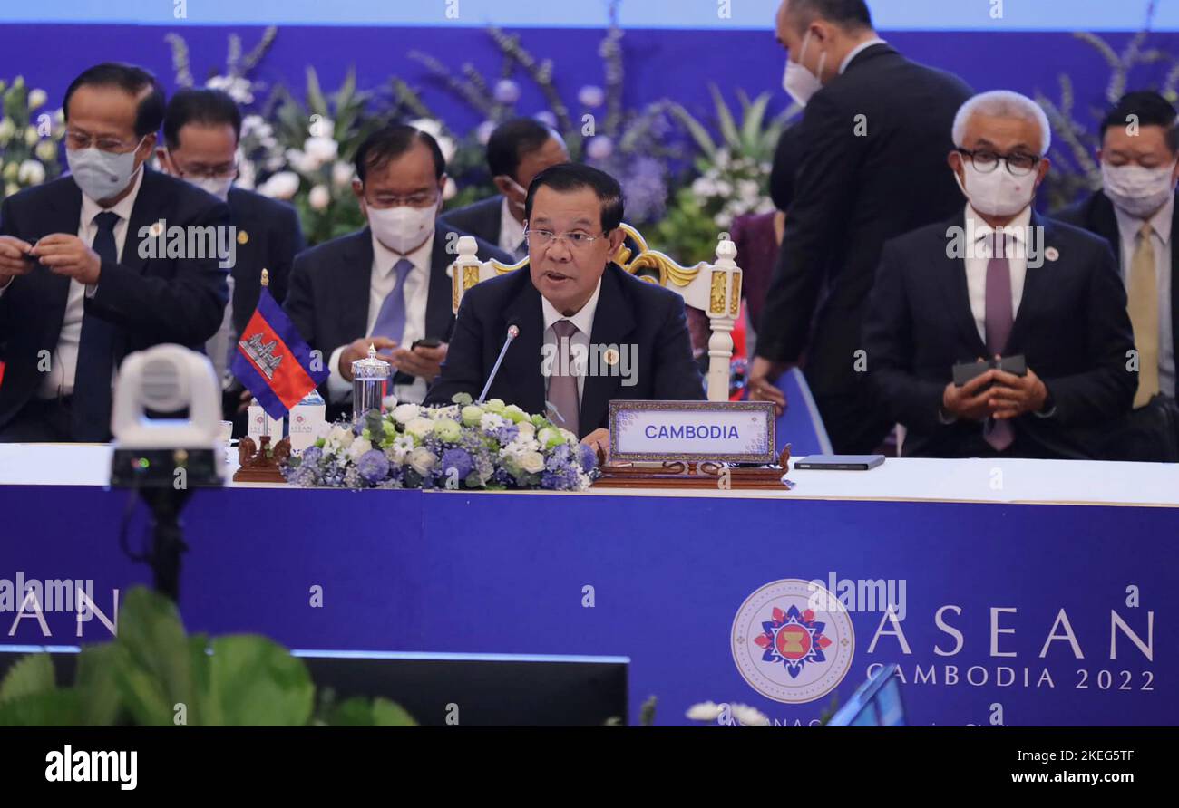 Cambodia's Prime Minister Hun Sen (C) speaks during of the Association ...