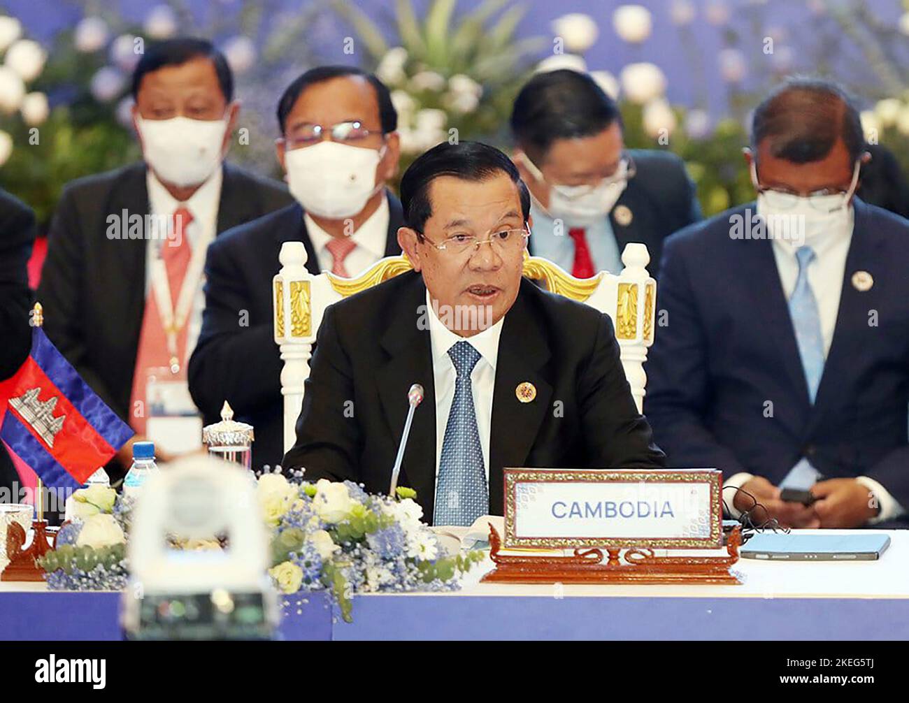 Cambodia's Prime Minister Hun Sen (C) speaks during of the Association ...