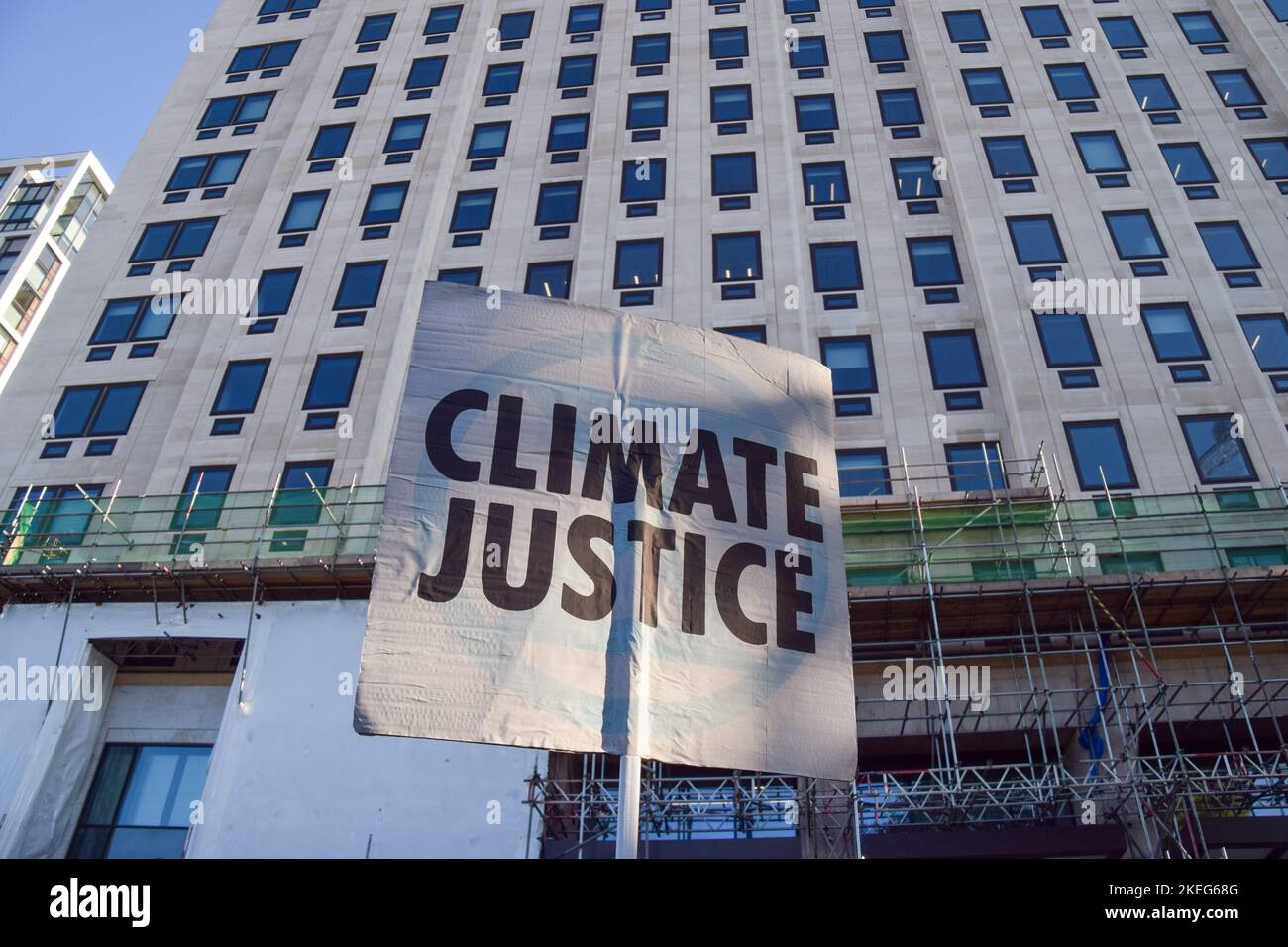 London, UK. 12th Nov, 2022. 'Climate Justice' placard seen during the ...