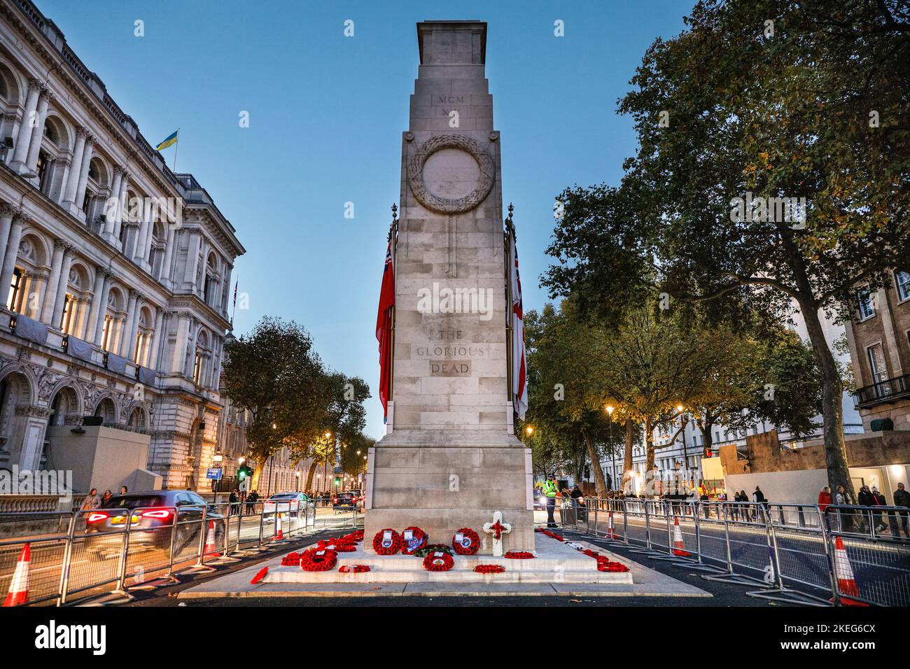 London, UK. 12th Nov, 2022. The Cenotaph on Whitehall stands peacefully ...