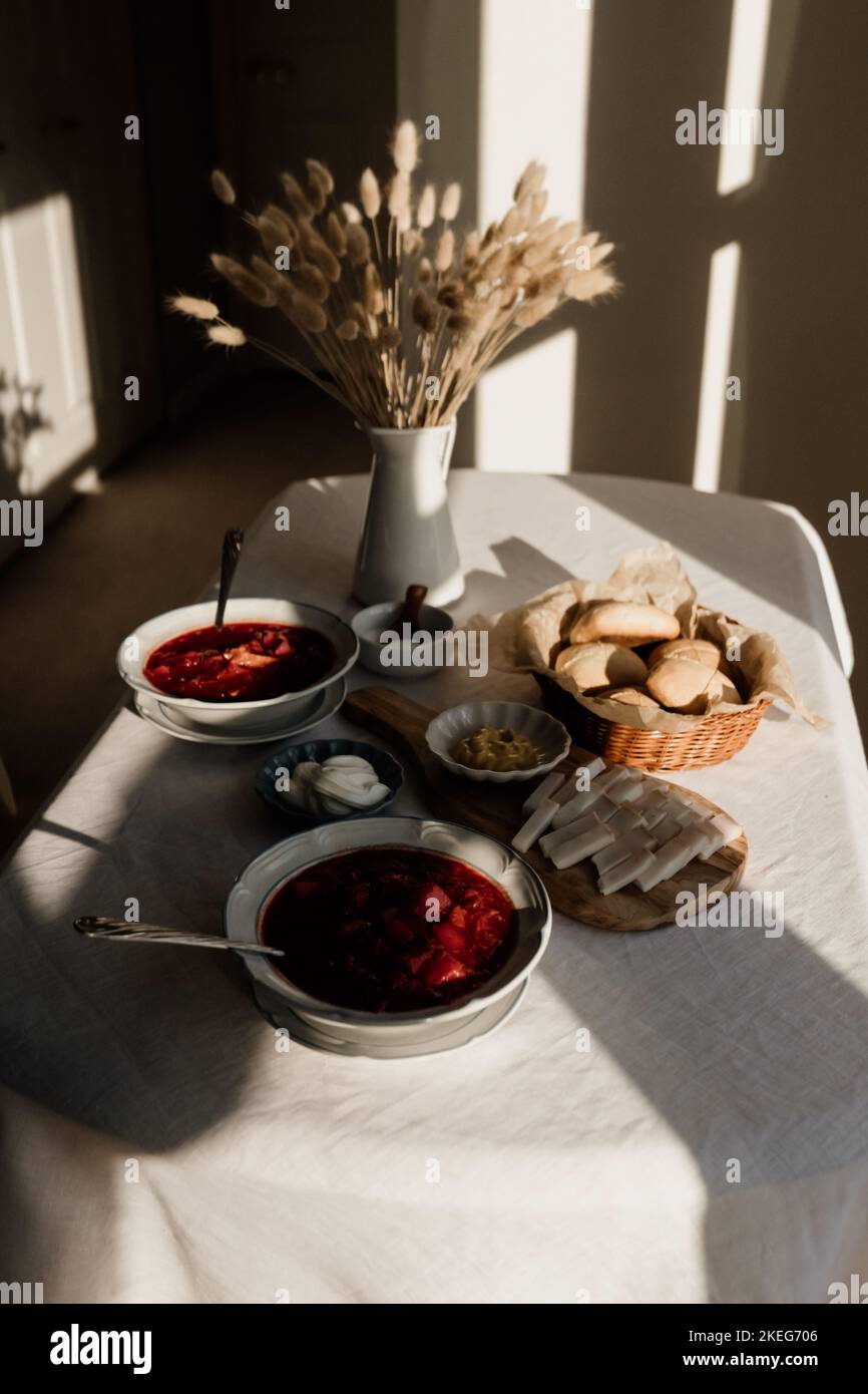 Borsch - Ukrainian national dish. Ukrainian cuisine - salo, onion ...