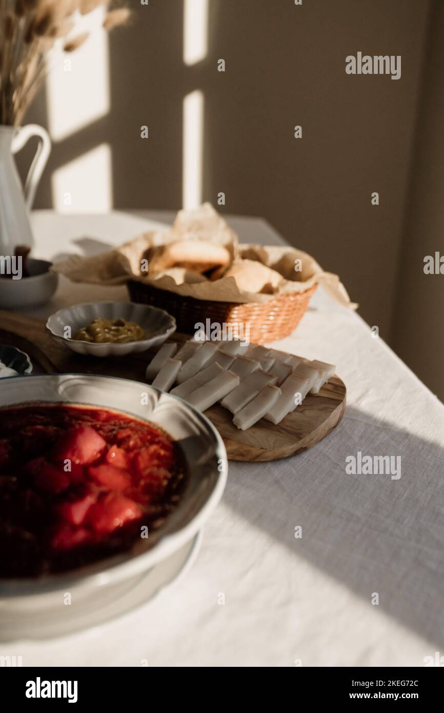 Borsch - Ukrainian national dish. Ukrainian cuisine - salo, onion ...