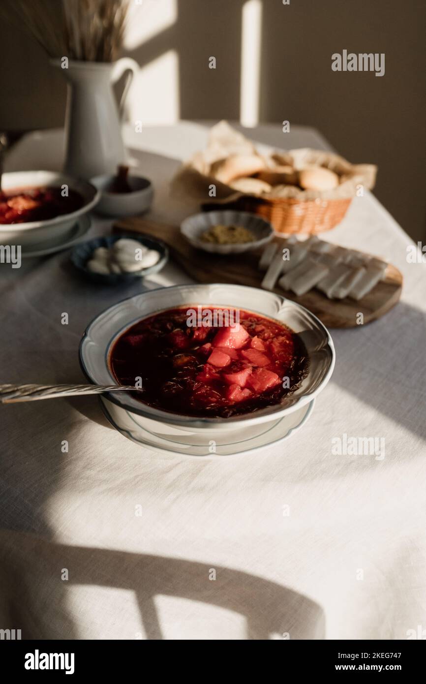 Borsch - Ukrainian national dish. Ukrainian cuisine - salo, onion ...