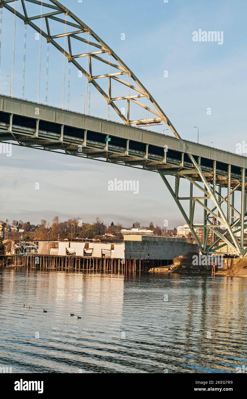 Building on pilings being demolished at foot of Fremont Bridge on ...