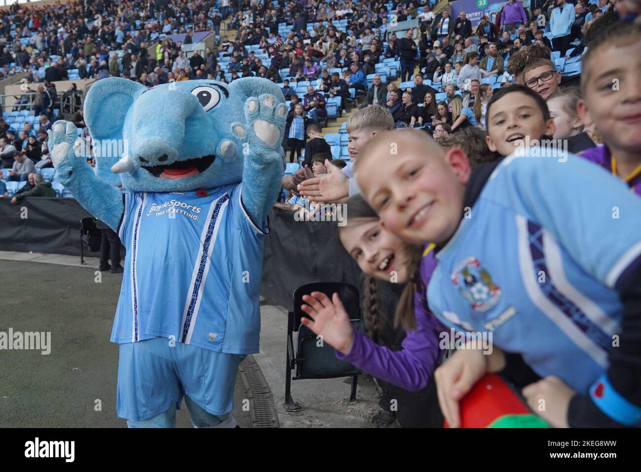 Coventry City's mascot Sky Blue Sam meets the fans during the Sky Bet ...