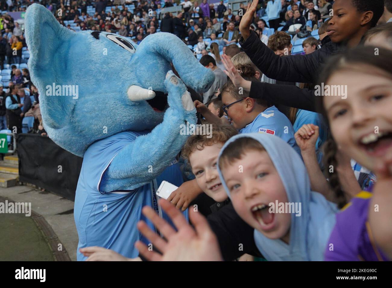 Coventry City's mascot Sky Blue Sam meets the fans during the Sky Bet ...