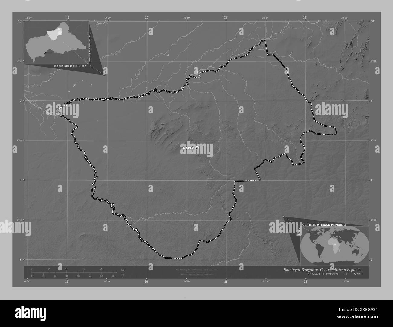 Bamingui-Bangoran, prefecture of Central African Republic. Grayscale ...