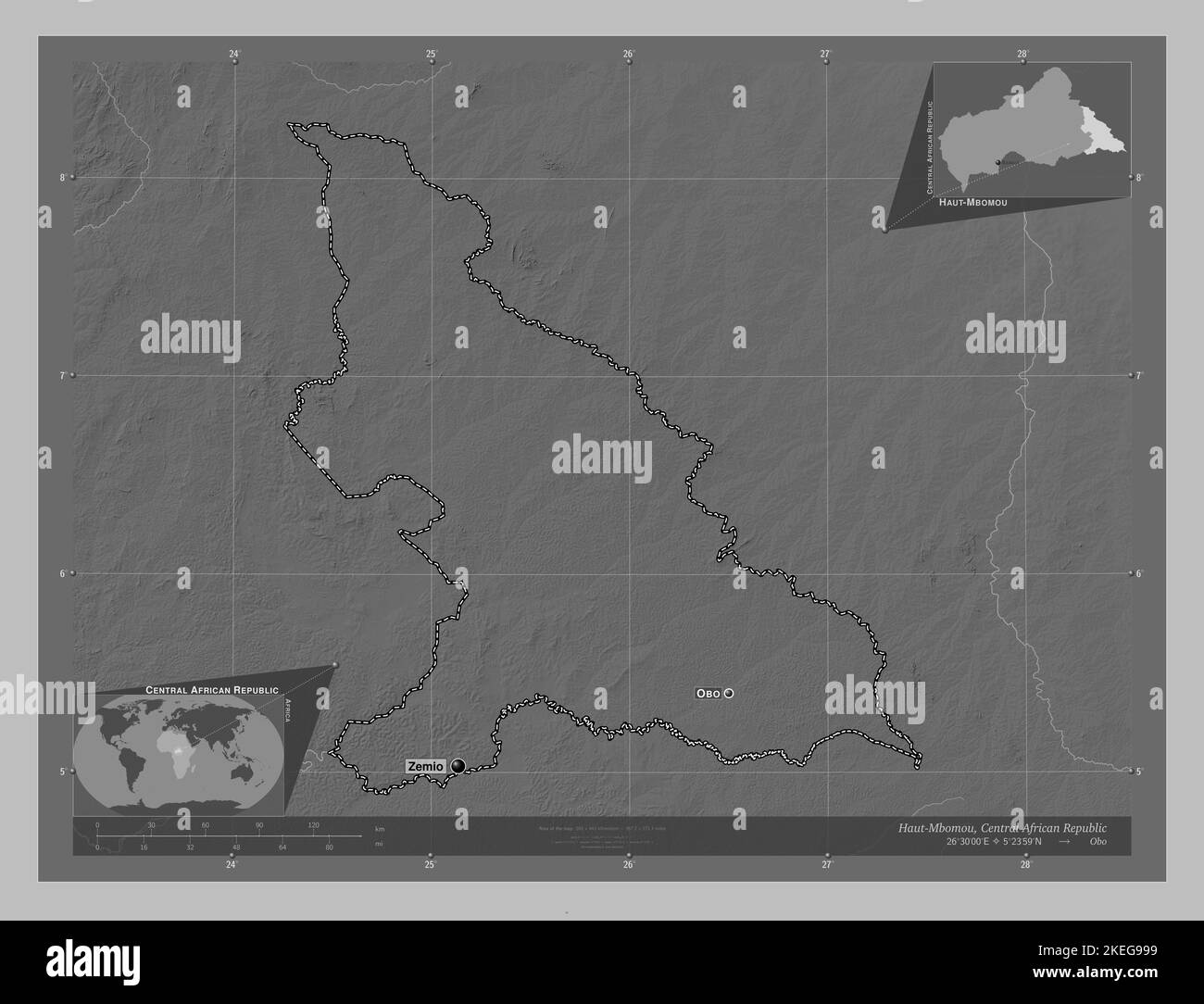 Haut-Mbomou, prefecture of Central African Republic. Grayscale ...