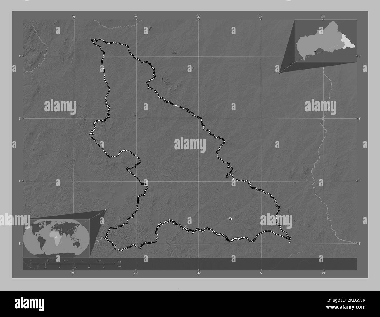 Haut-Mbomou, prefecture of Central African Republic. Grayscale elevation map with lakes and ...