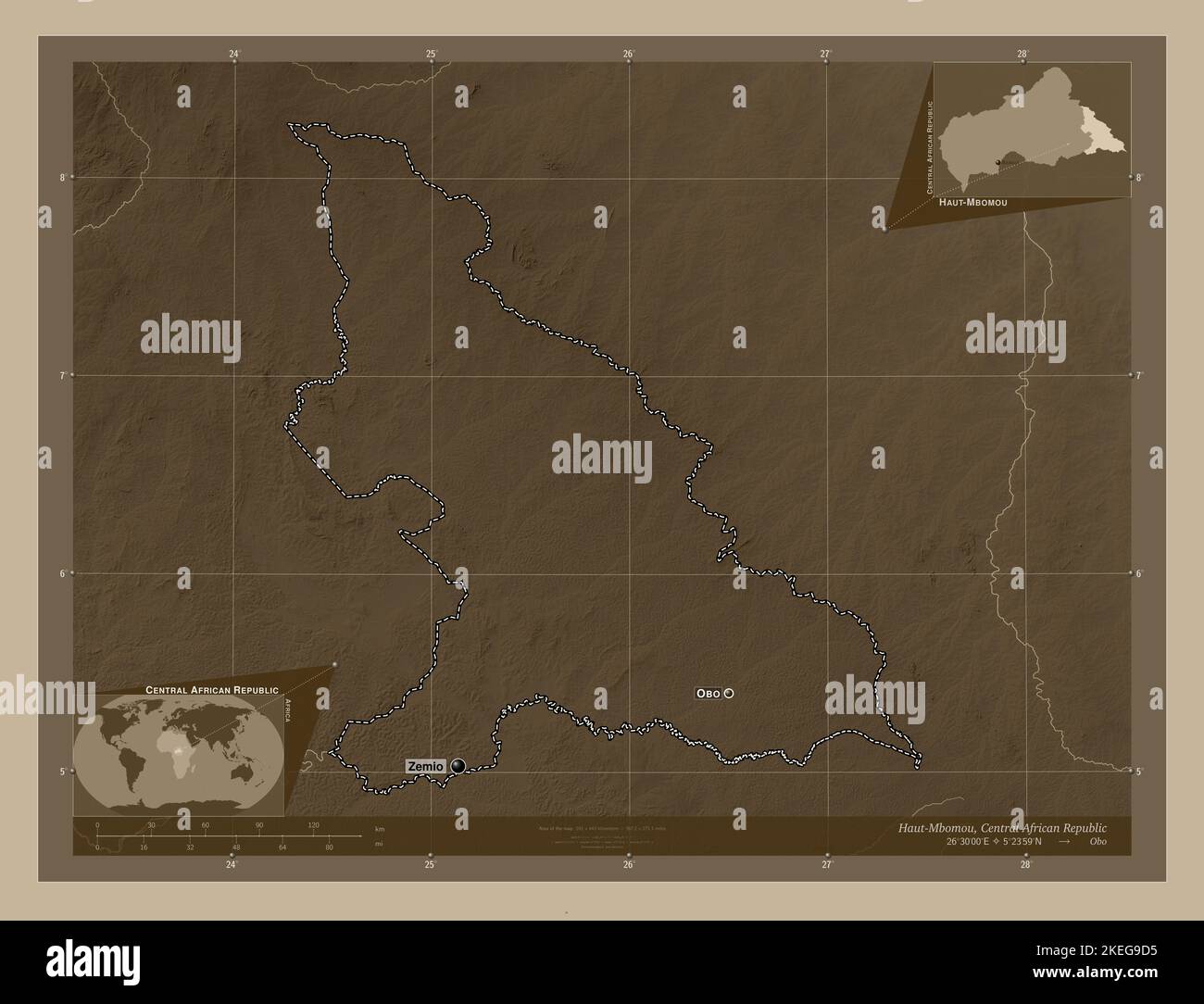 Haut-Mbomou, prefecture of Central African Republic. Elevation map ...