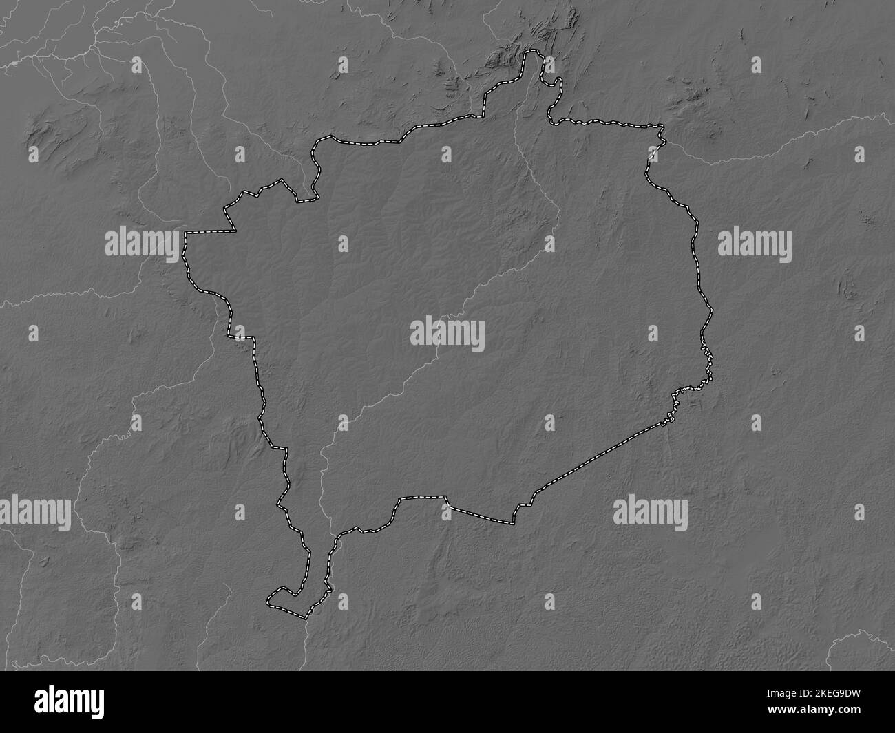 Haute-Kotto, prefecture of Central African Republic. Grayscale elevation map with lakes and ...