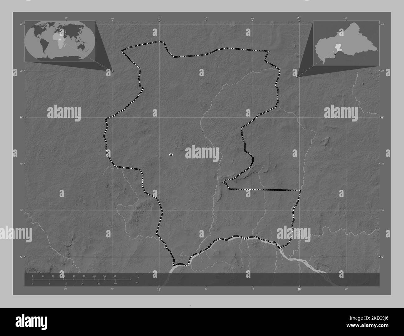 Kemo, prefecture of Central African Republic. Grayscale elevation map ...