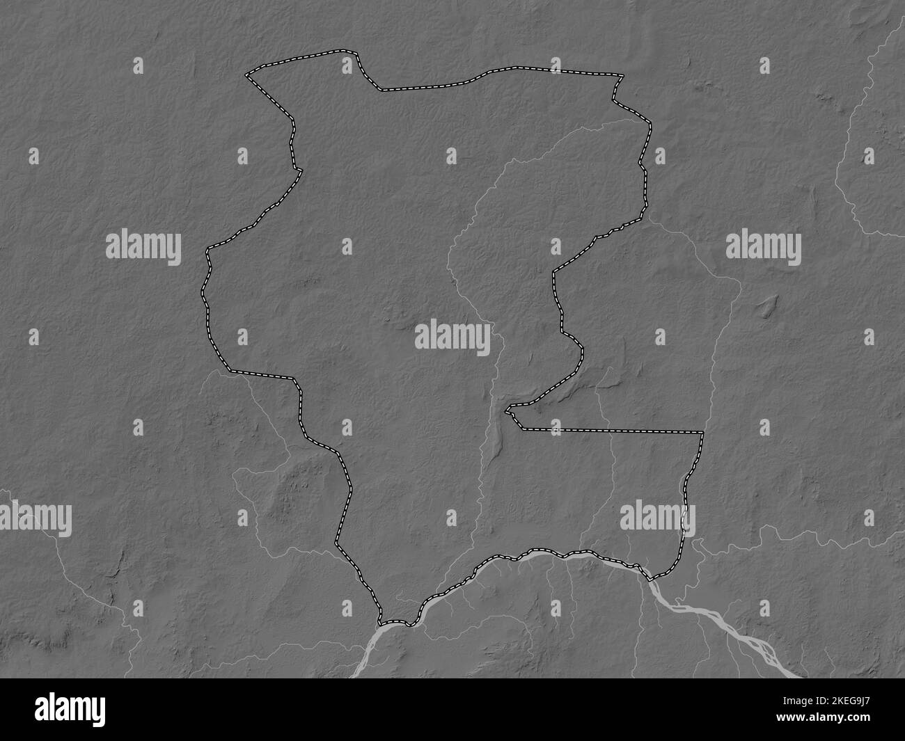 Kemo, prefecture of Central African Republic. Grayscale elevation map with lakes and rivers ...