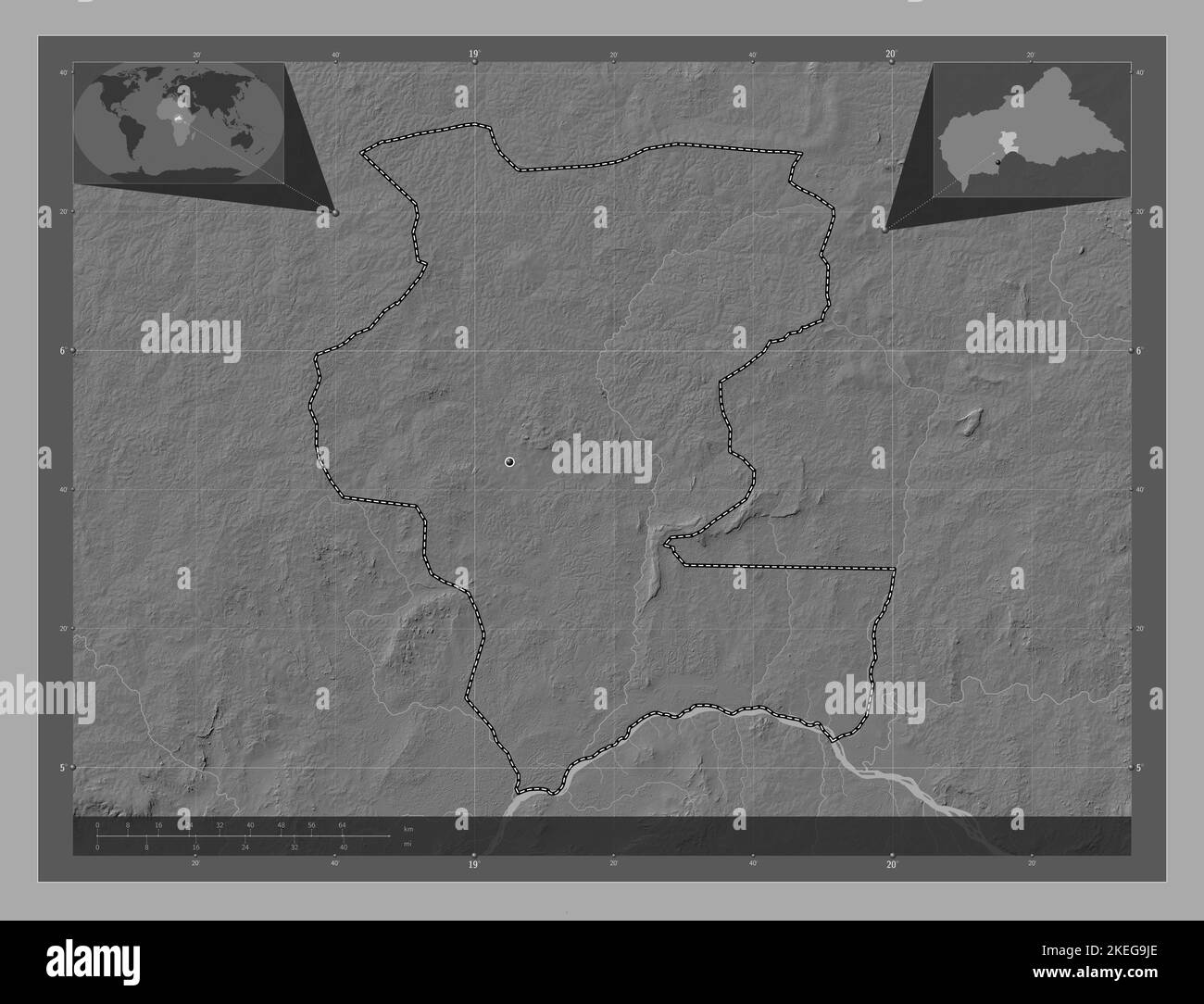 Kemo, prefecture of Central African Republic. Bilevel elevation map ...