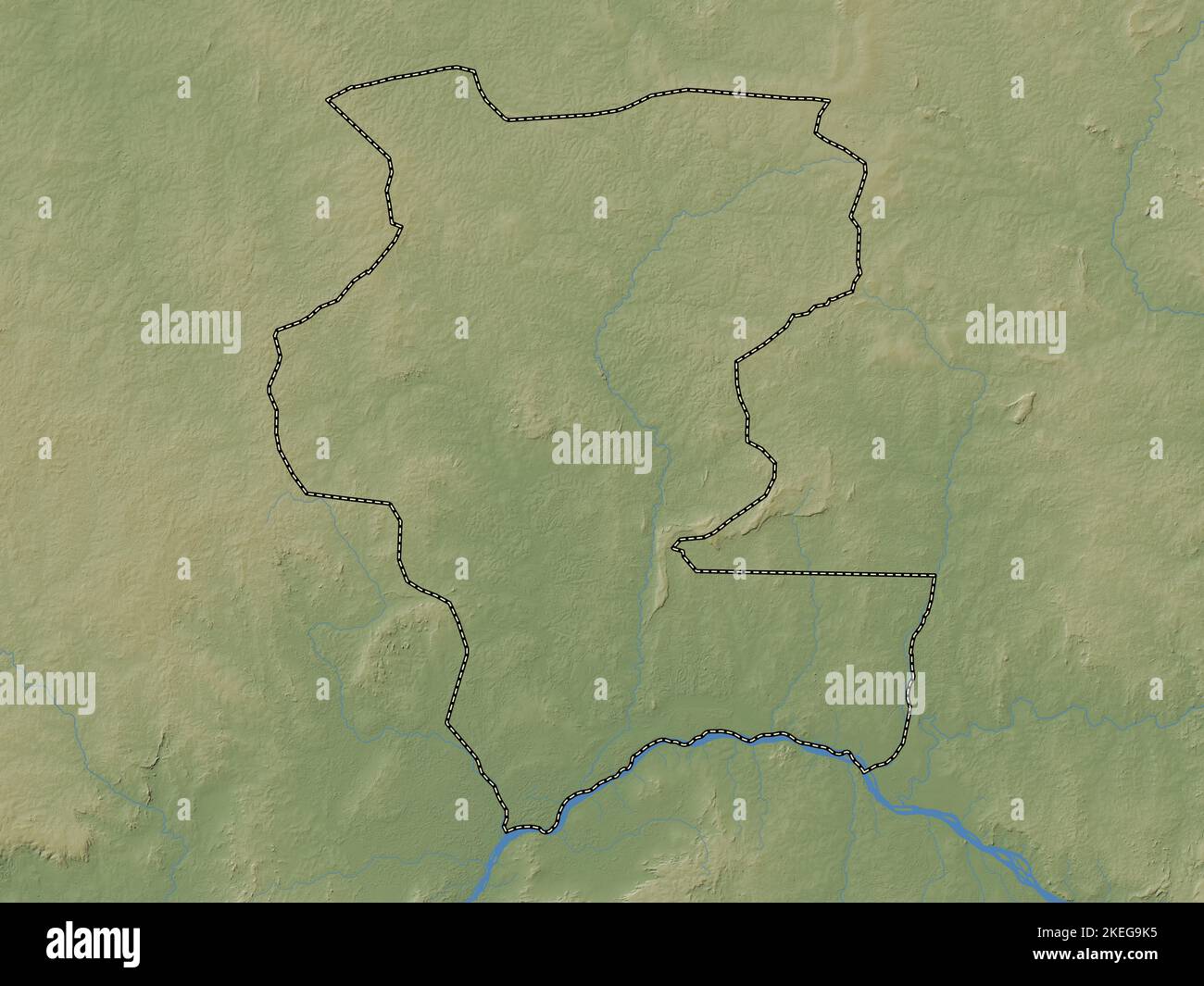 Kemo, prefecture of Central African Republic. Colored elevation map with lakes and rivers Stock ...