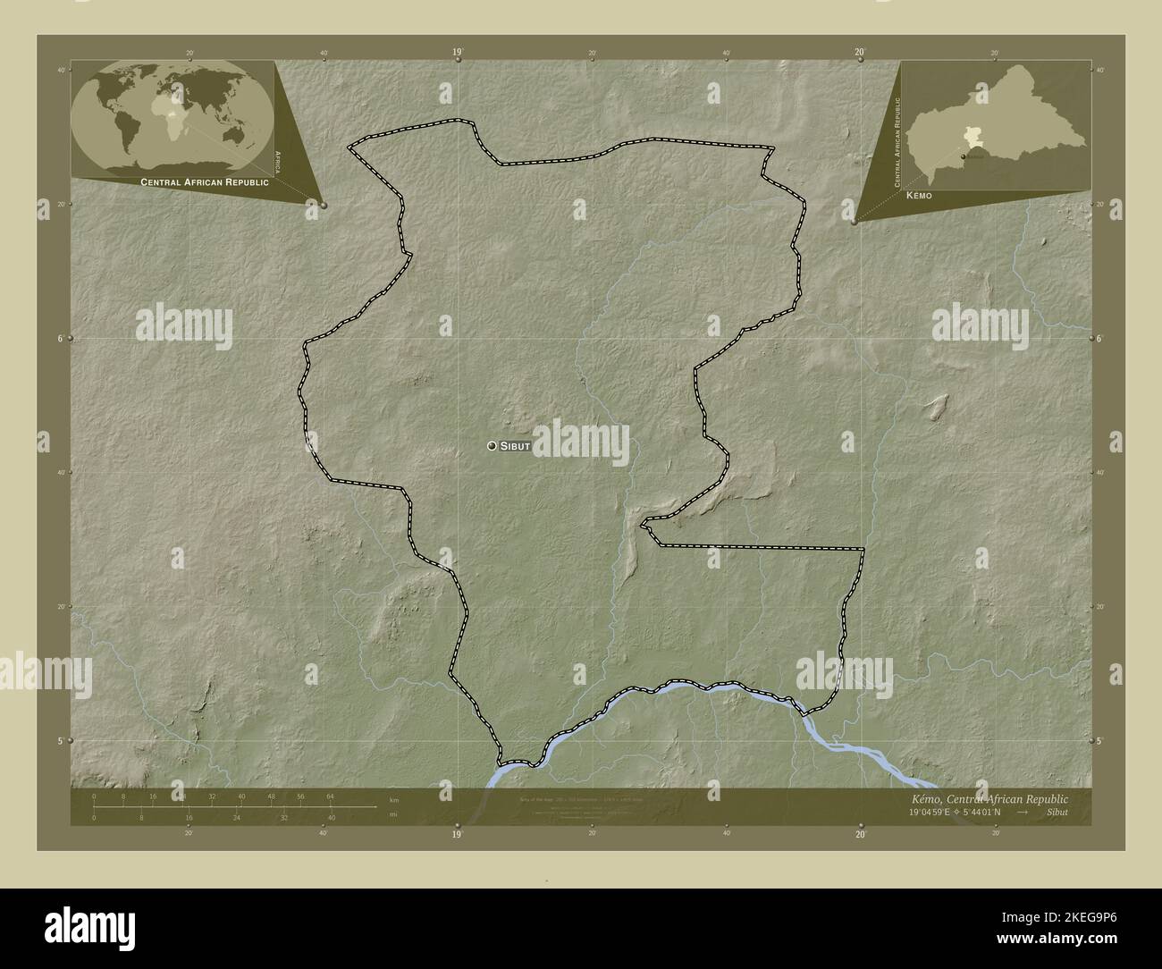 Kemo, prefecture of Central African Republic. Elevation map colored in ...