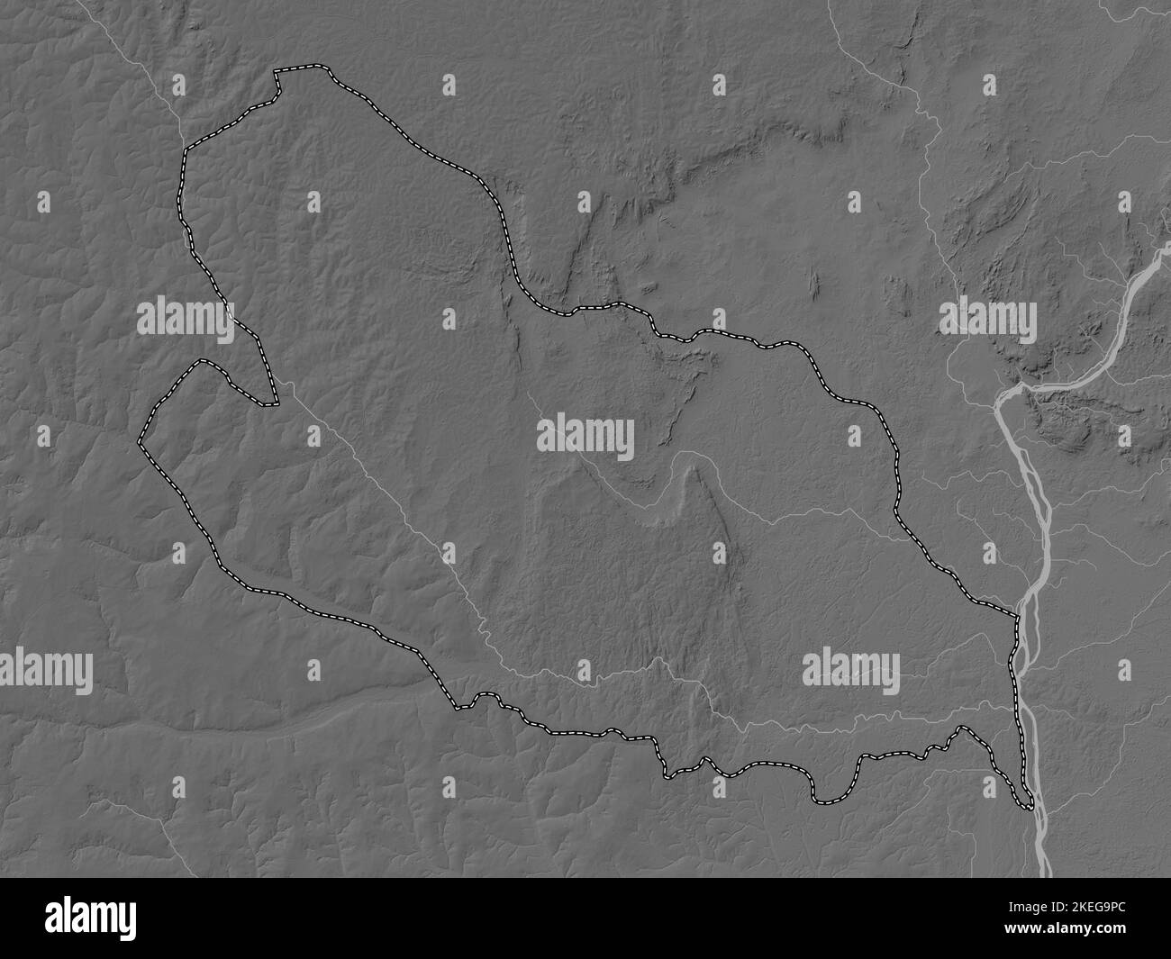 Lobaye, prefecture of Central African Republic. Grayscale elevation map with lakes and rivers ...
