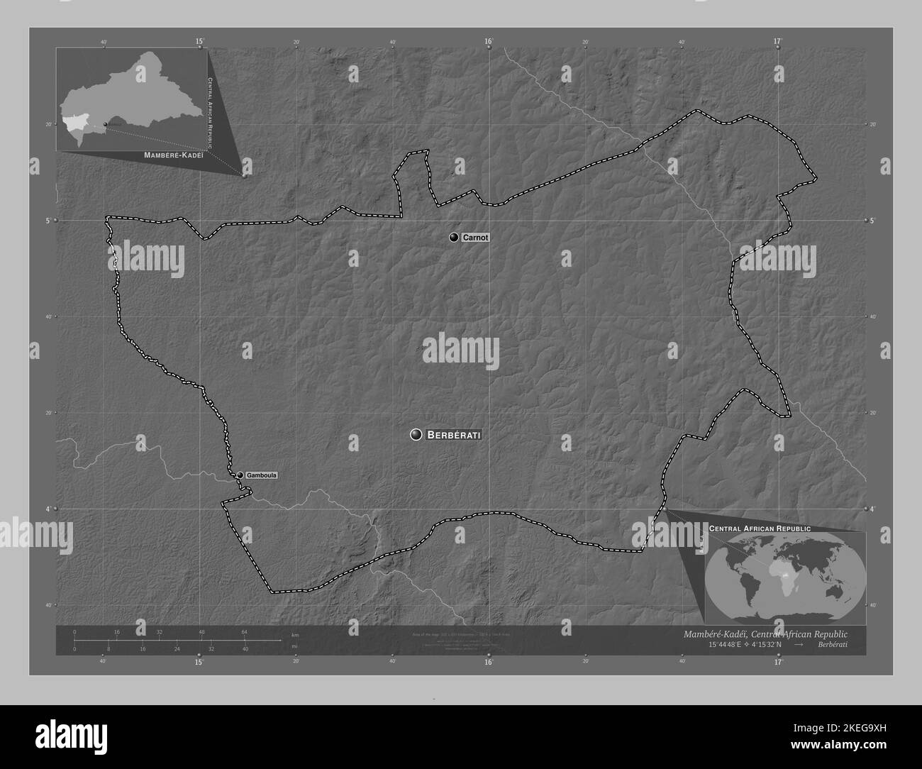 Mambere-Kadei, prefecture of Central African Republic. Grayscale elevation map with lakes and ...