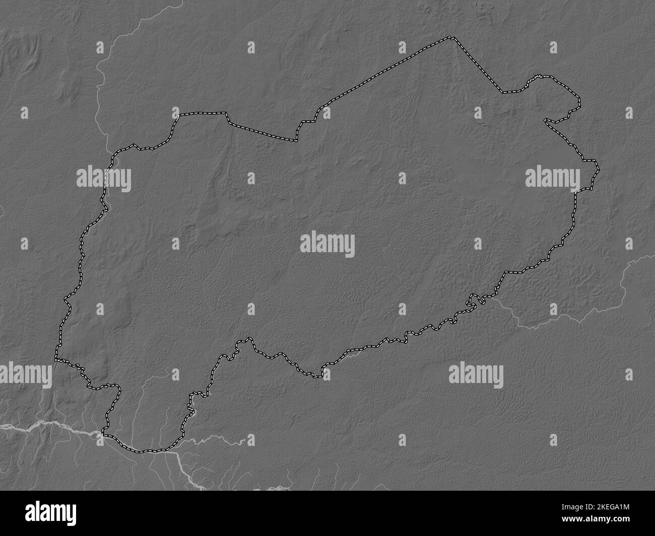 Mbomou, prefecture of Central African Republic. Grayscale elevation map with lakes and rivers ...