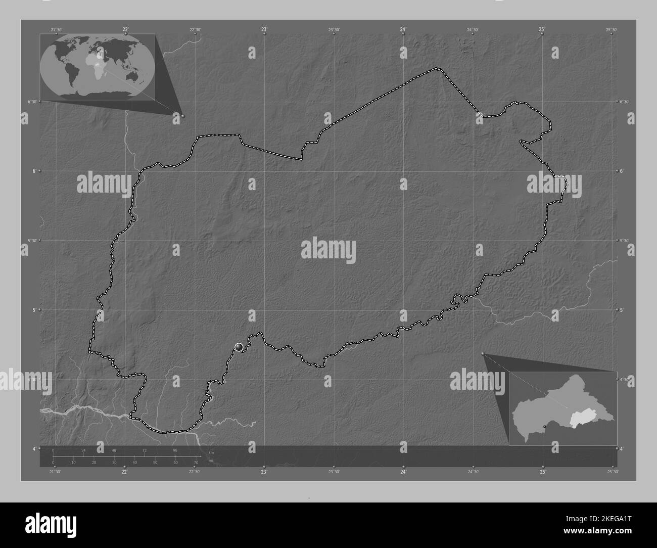 Mbomou, prefecture of Central African Republic. Grayscale elevation map with lakes and rivers ...